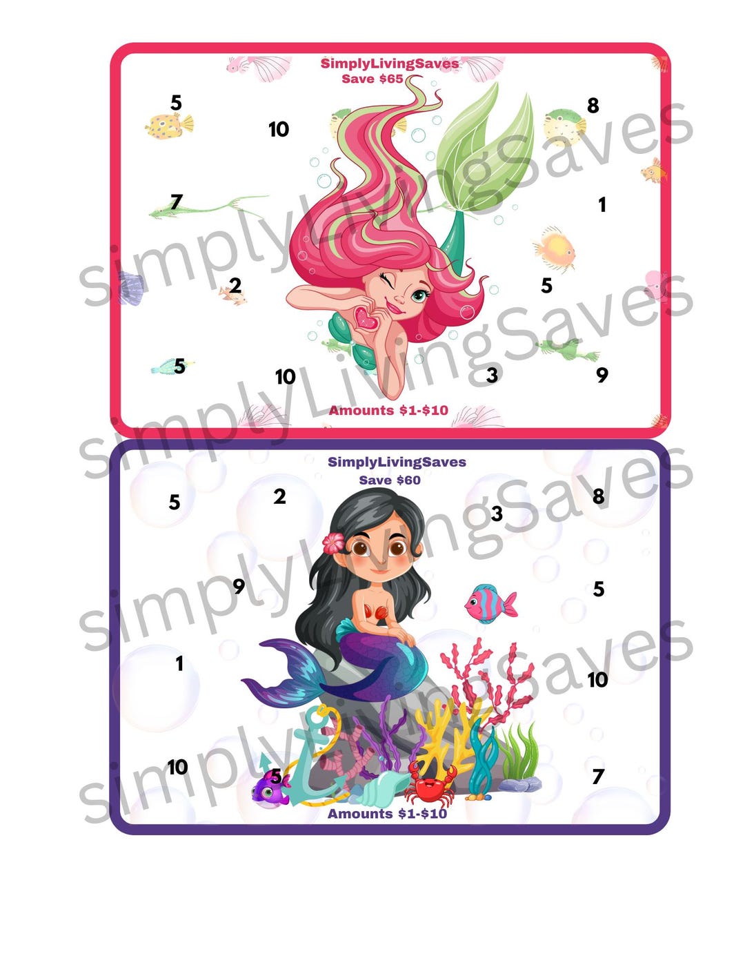 Cute Mermaid Savings Challenge Set of 2 (perfect for a DYI Scratch off ...