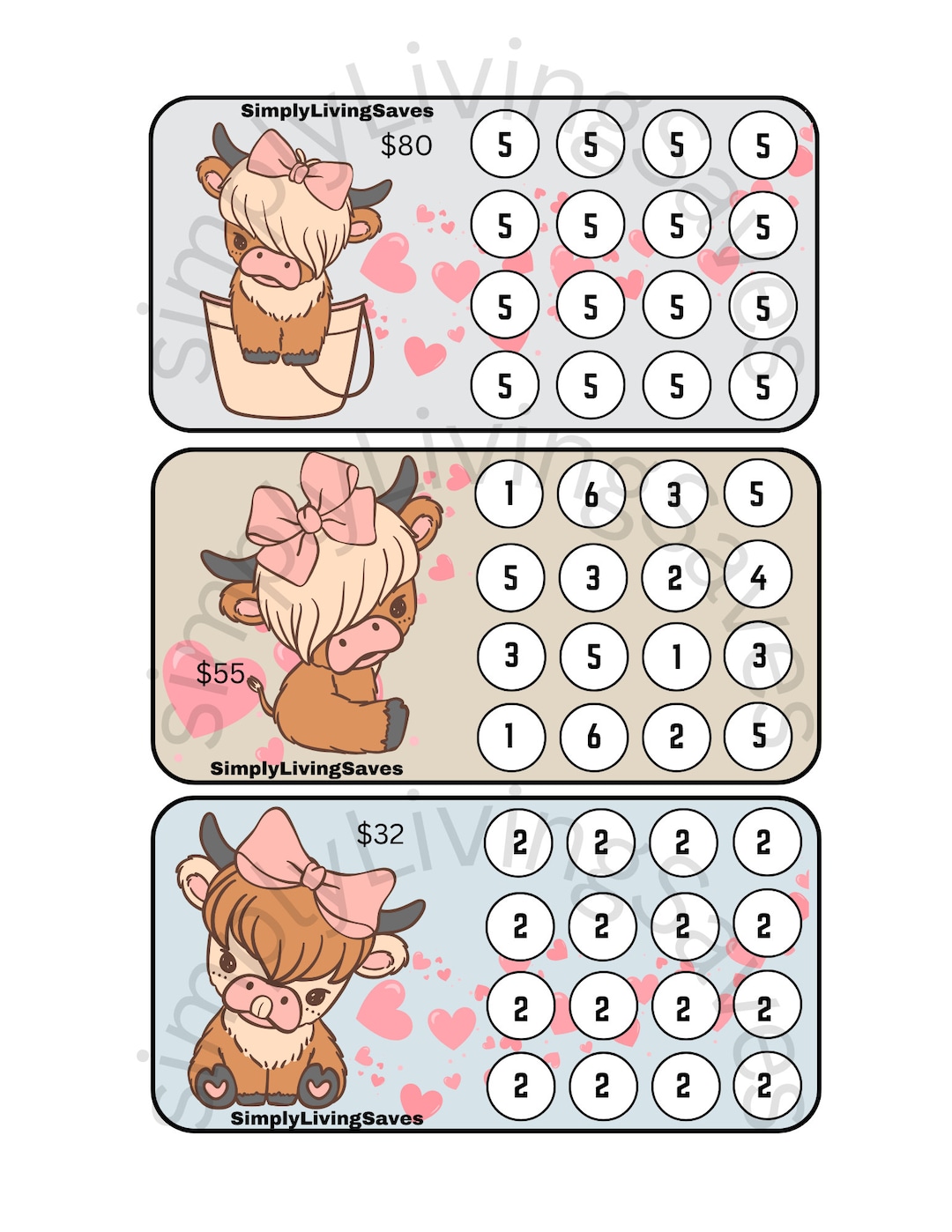 Cute Heart Cow A6 Savings Challenge Set of 6 - Etsy