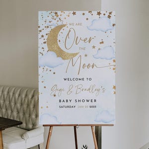Blue Over the Moon Welcome Sign Template, Editable Blue Clouds Baby ...