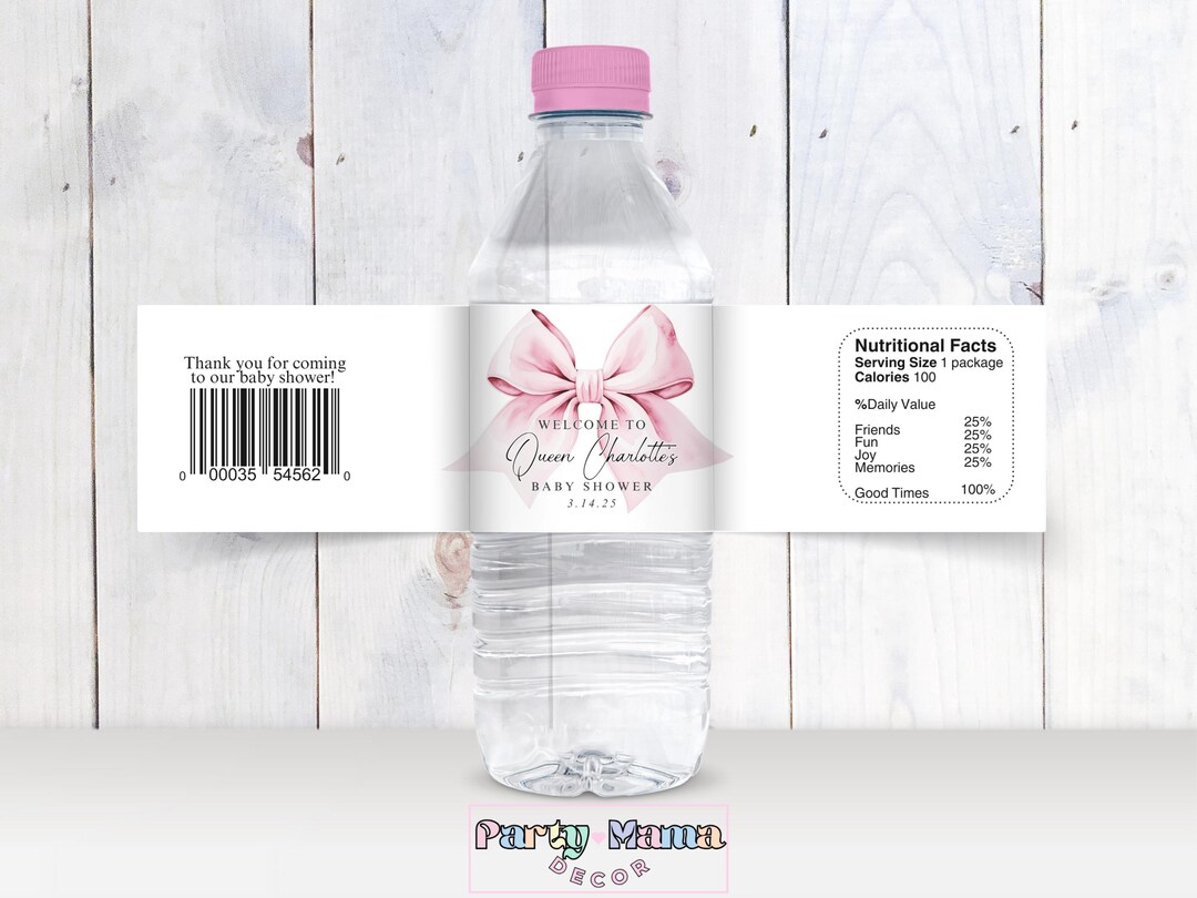 Pink Ribbon Water Bottle Label for Baby Shower Party Favors, Pastel ...