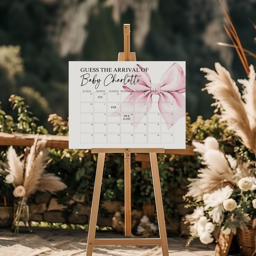 Pink Bow Baby Due Date Calender Template, Editable Baby Prediction Game ...