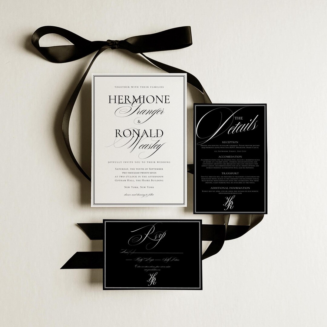Modern Classic Wedding Invitation Set, Editable Timeless Black & White ...