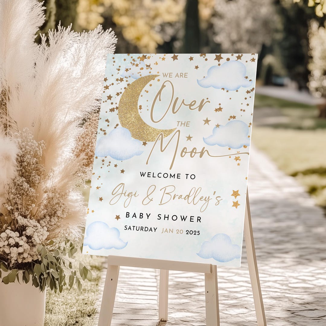 Blue Over the Moon Welcome Sign Template, Editable Blue Clouds Baby ...