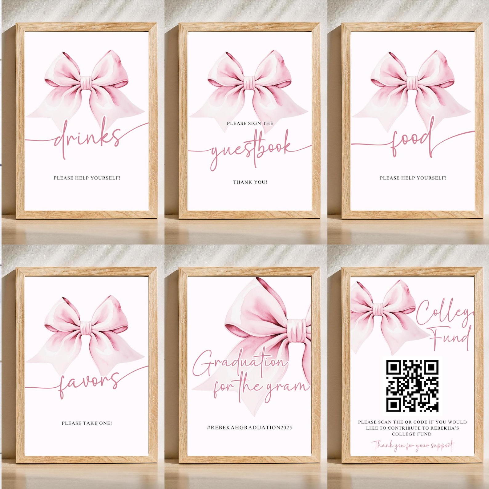 Graduation Table Sign Template, Editable Pink Bow Signs for Grad Party ...