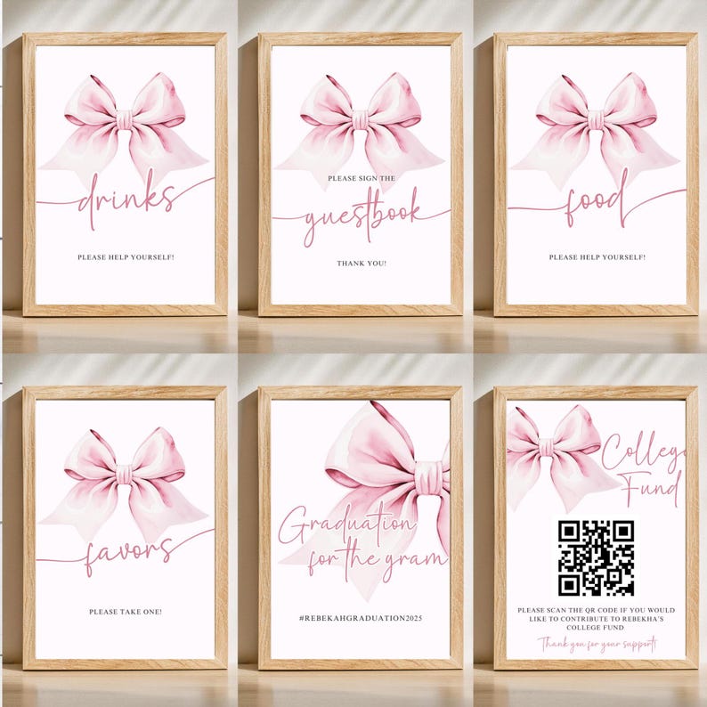 Graduation Table Sign Template, Editable Pink Bow Signs for Grad Party ...