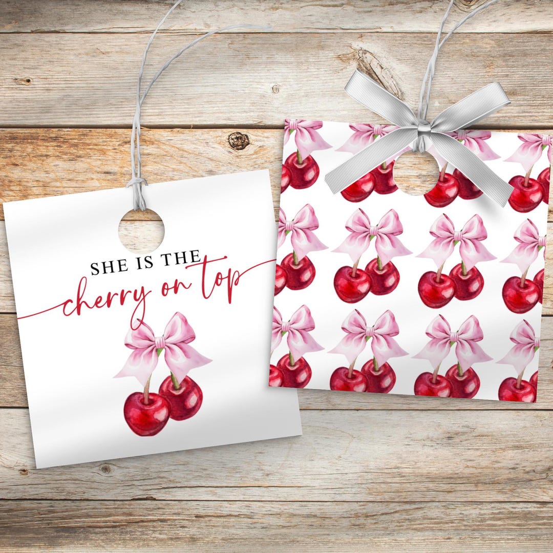 Editable Cherry Pink Bow Party Favor Tag Template | Cherries Bow Custom ...