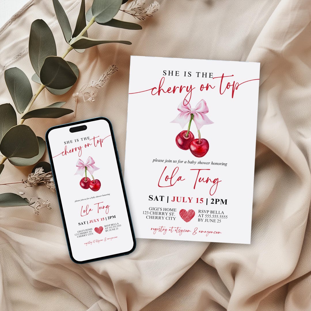 Cherry Invitation for Baby Shower, Editable Cherry Bow Baby Shower E ...