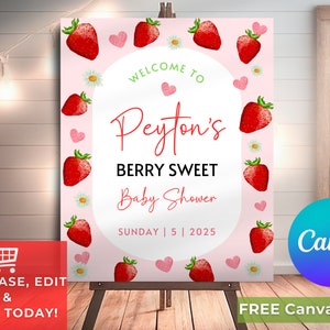 Editable Strawberry Welcome Sign Template | Berry Sweet Poster | Canva ...