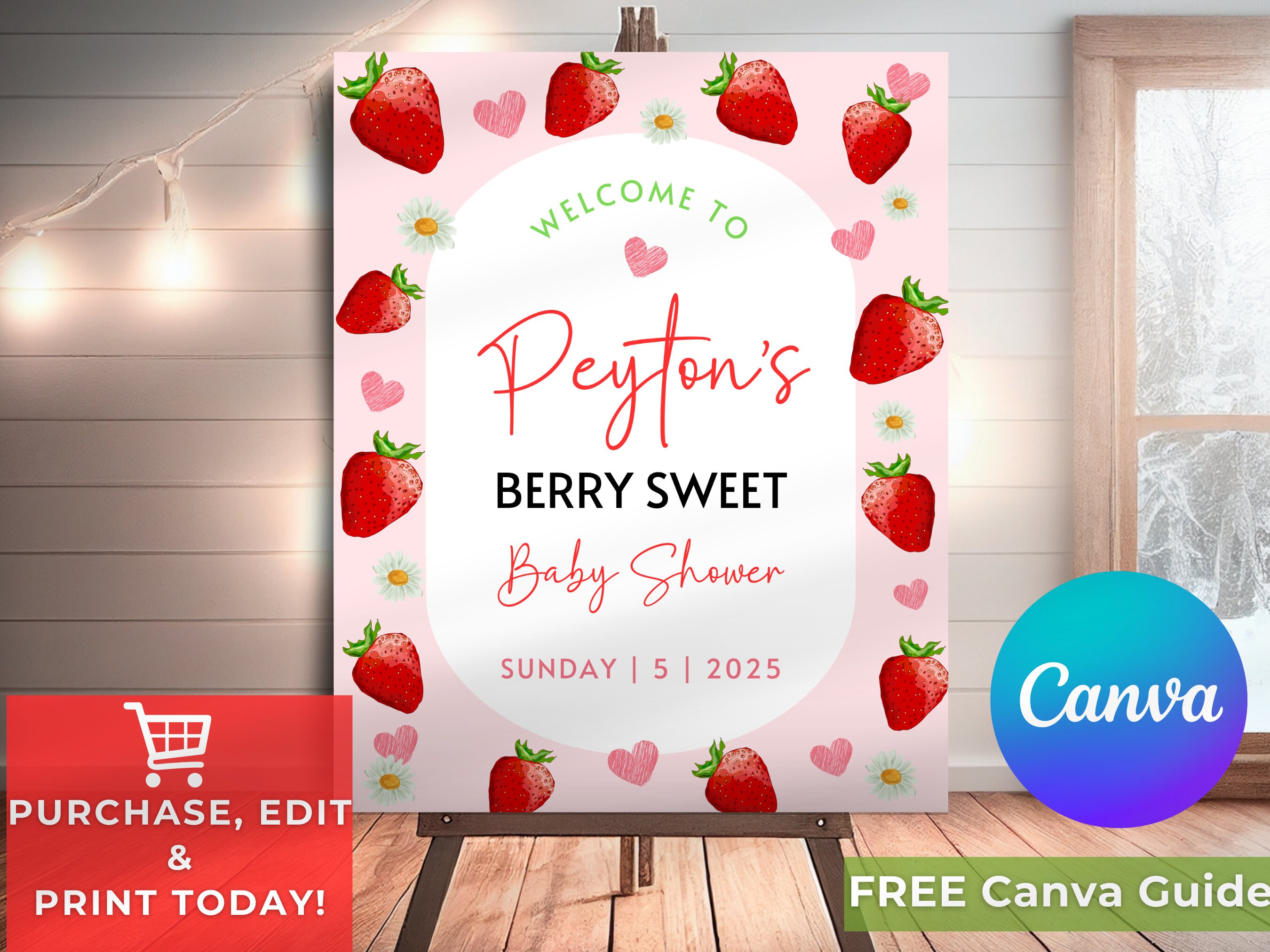 Editable Strawberry Welcome Sign Template | Berry Sweet Poster | Canva ...