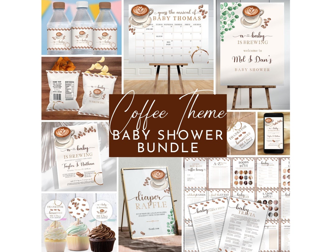 Coffee Themed Baby Shower Bundle, Editable Baby is Brewing Coffee Bean ...