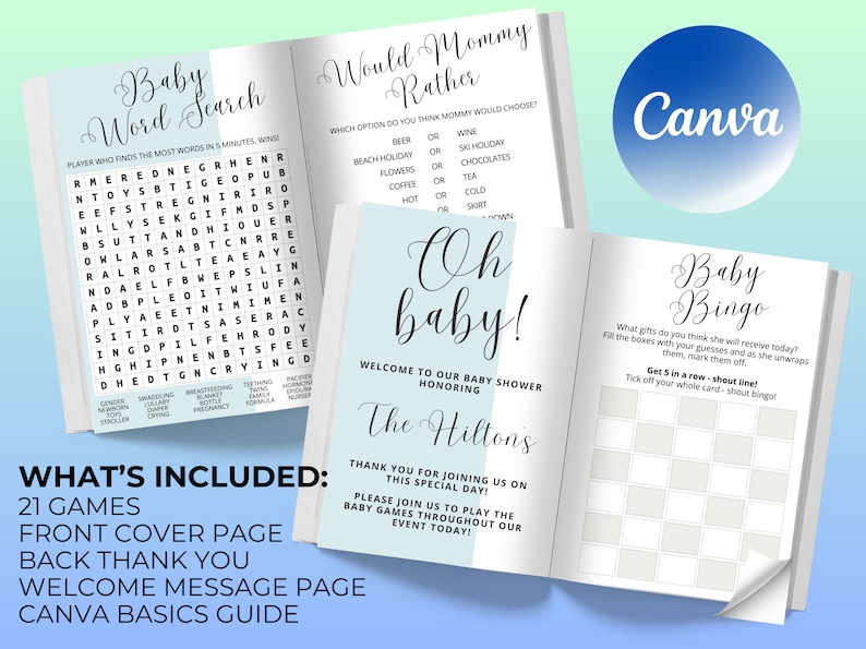 Blue Baby Shower Games Booklet Template, 24 Pages (canva Editable) - Etsy