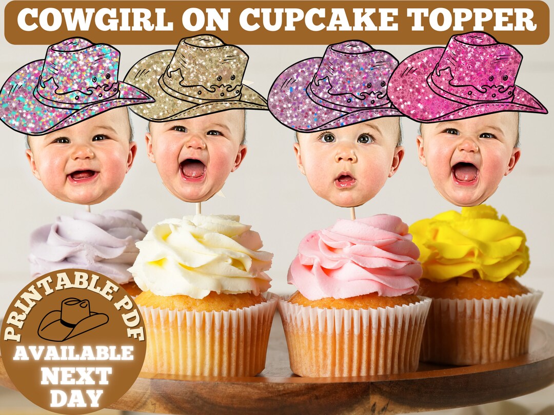Cowboy Cowgirl Hat Cupcake Toppers, Sparkle Printable Face on Cupcake ...