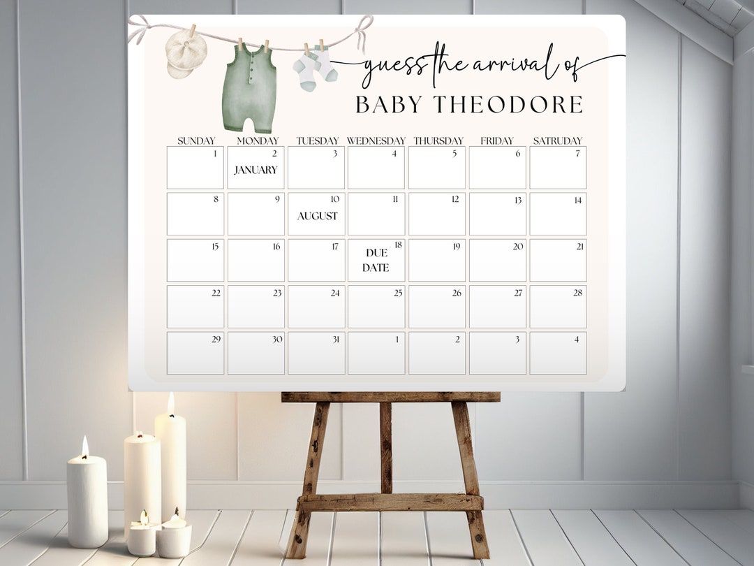 Boy Clothes Baby Due Date Calender Template, Editable Boho Baby ...