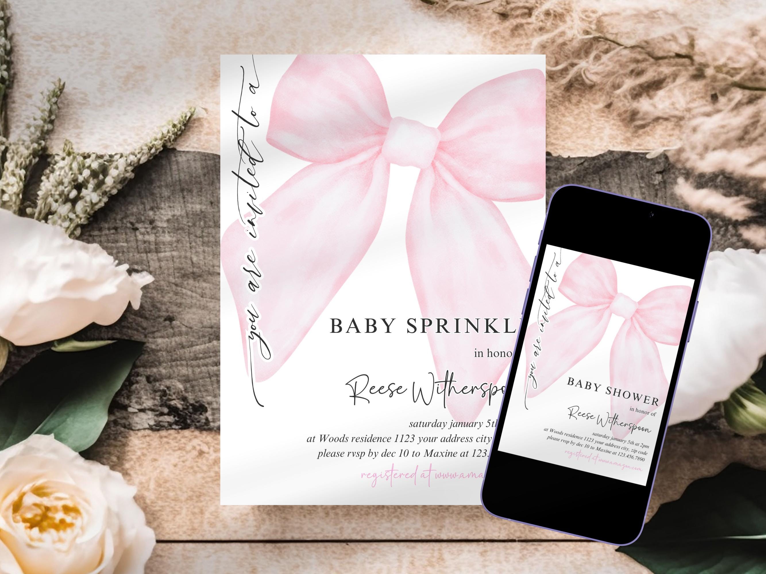 Elegant Pink Baby Sprinkle Invitation Template, Editable Blush Pink Bow ...