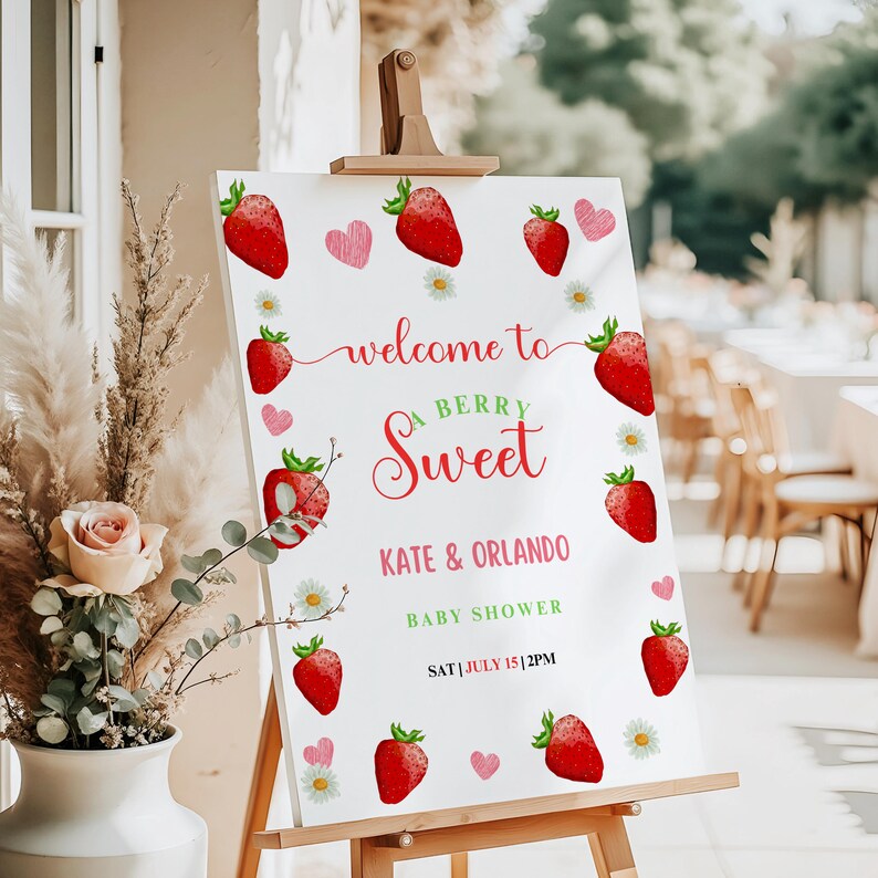 Editable STRAWBERRY Welcome Poster for Baby Shower, Sweet Berries Sign ...
