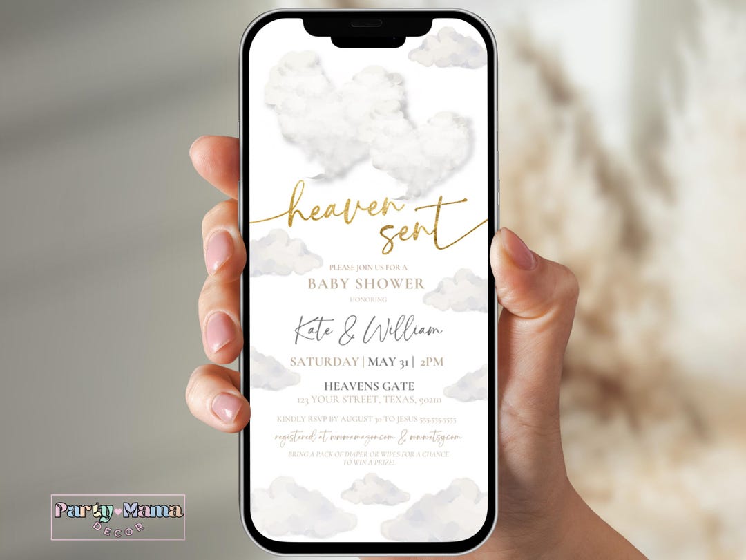 Gold Heaven Sent E-invitation for Baby Shower, Editable Heart Clouds ...