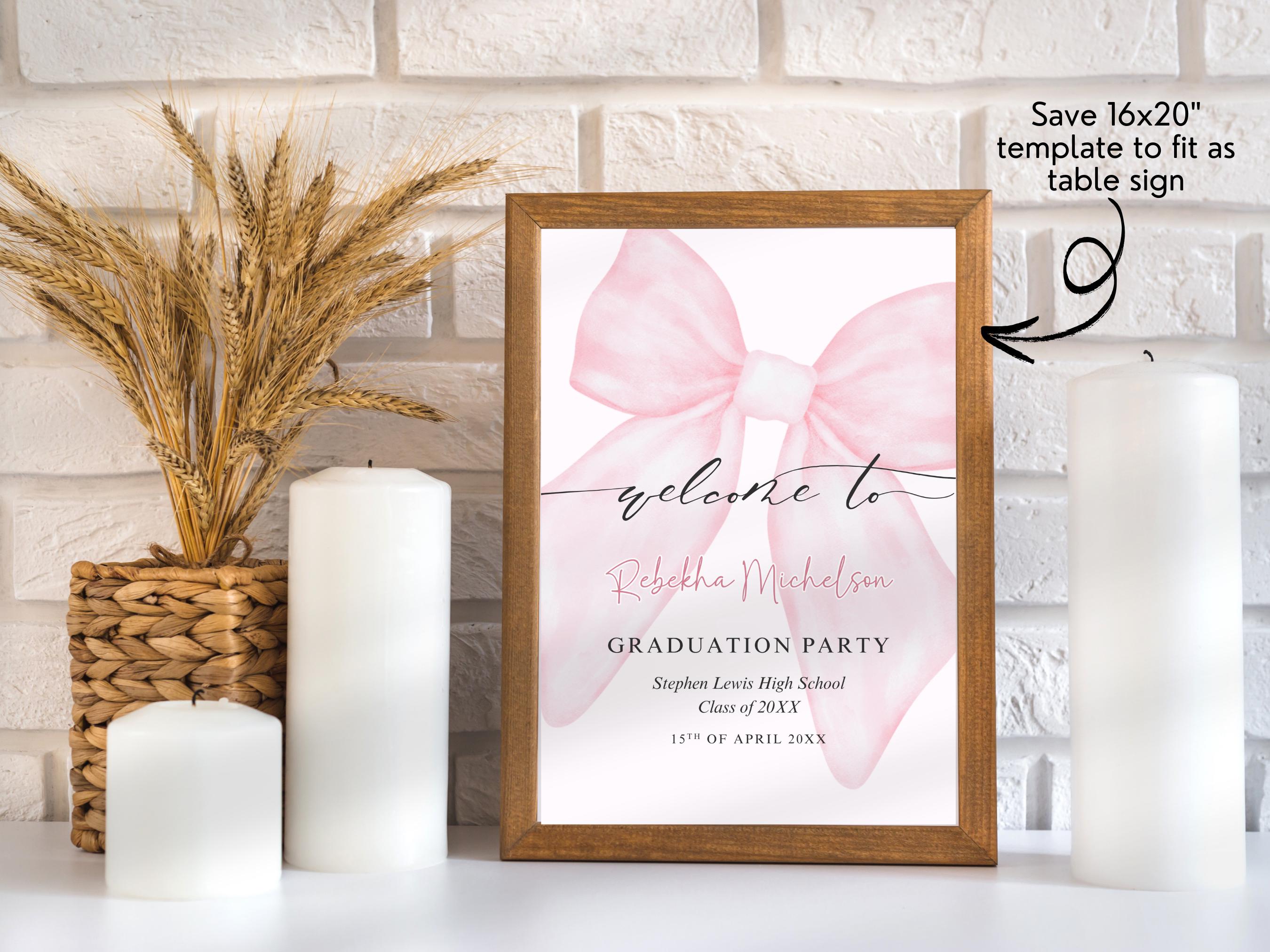 Pink Bow Graduation Welcome Sign, Coquette Party Poster (editable Canva ...