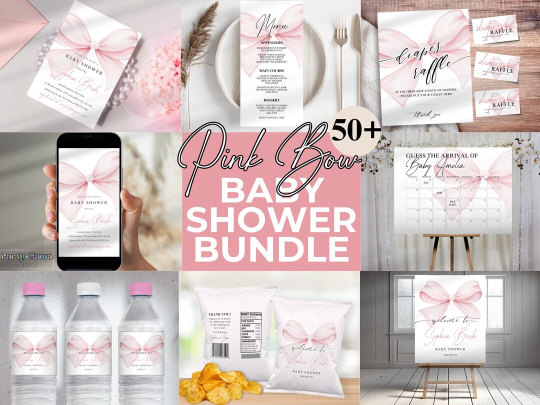 Editable Pink Bow Baby Shower BUNDLE, Baby Girl Baby Shower Template ...