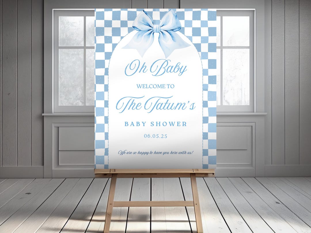 Editable Blue Gingham Welcome Sign, Blue Bow Baby Shower Poster ...