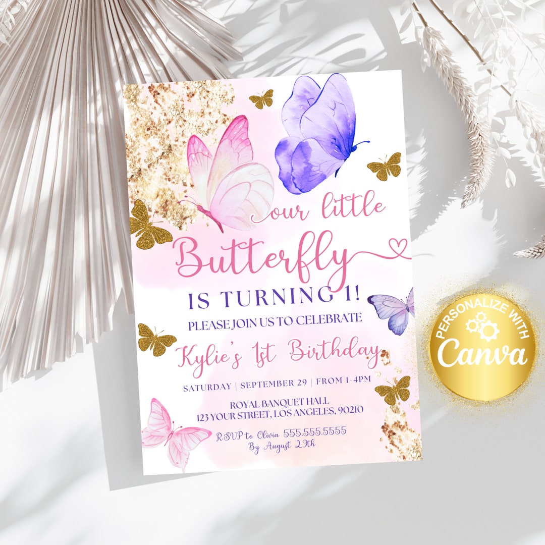 Butterfly 1st Birthday Invitation Template, Editable Pink Purple ...