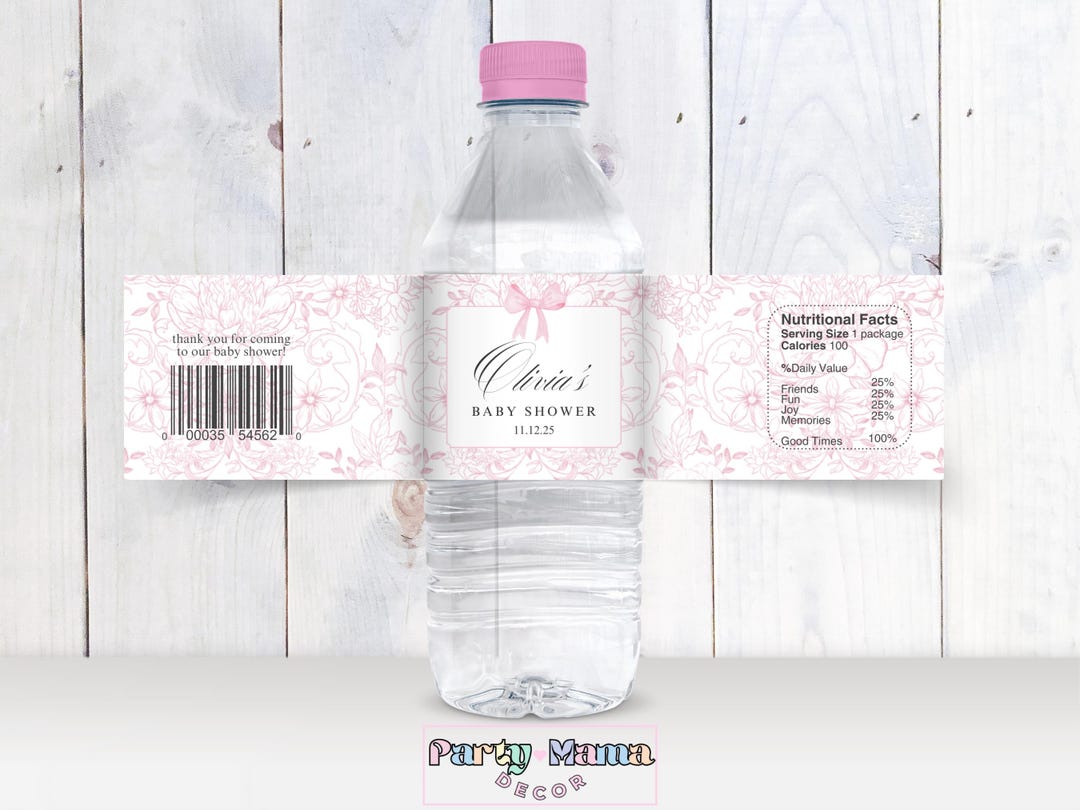 Pink Toile Water Bottle Label Template, Editable Pink Bow Toile Water ...