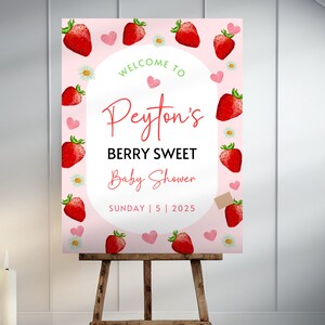 Editable Strawberry Welcome Sign Template | Berry Sweet Baby Shower ...