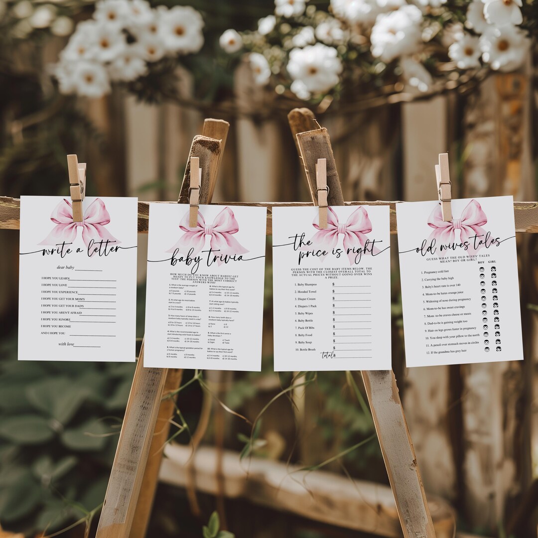 Pink Bow Baby Shower Games Bundle, 11 Editable Pink Coquette Games ...