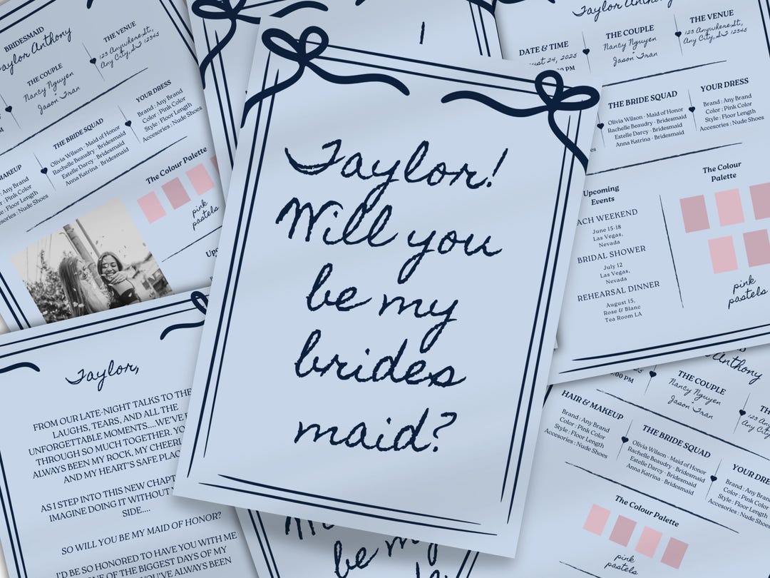 Editable Bridal Party Info Card Template, Hand Drawn Blue Bow ...