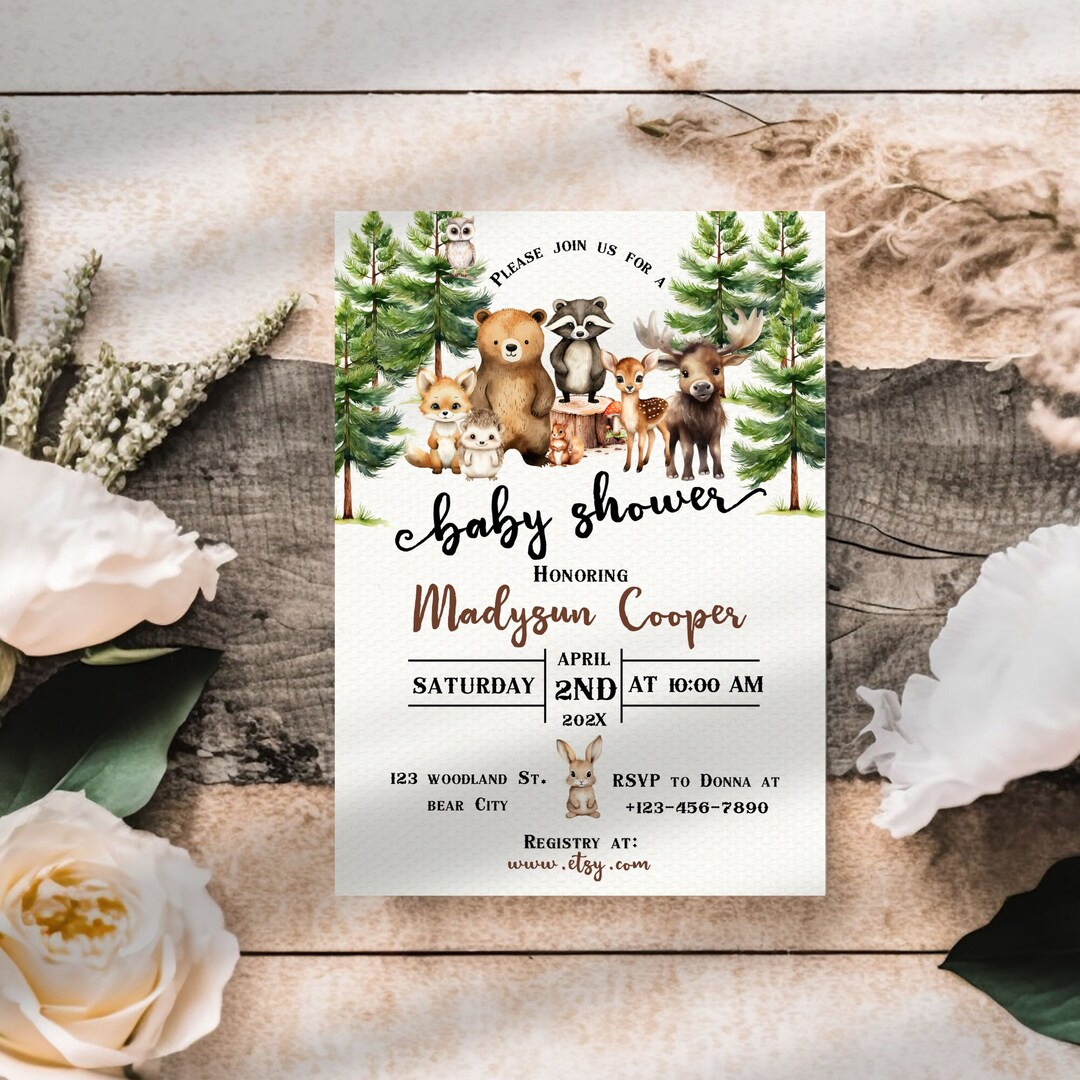 Editable Forest Animals Baby Shower Invitation, Woodland Animals ...