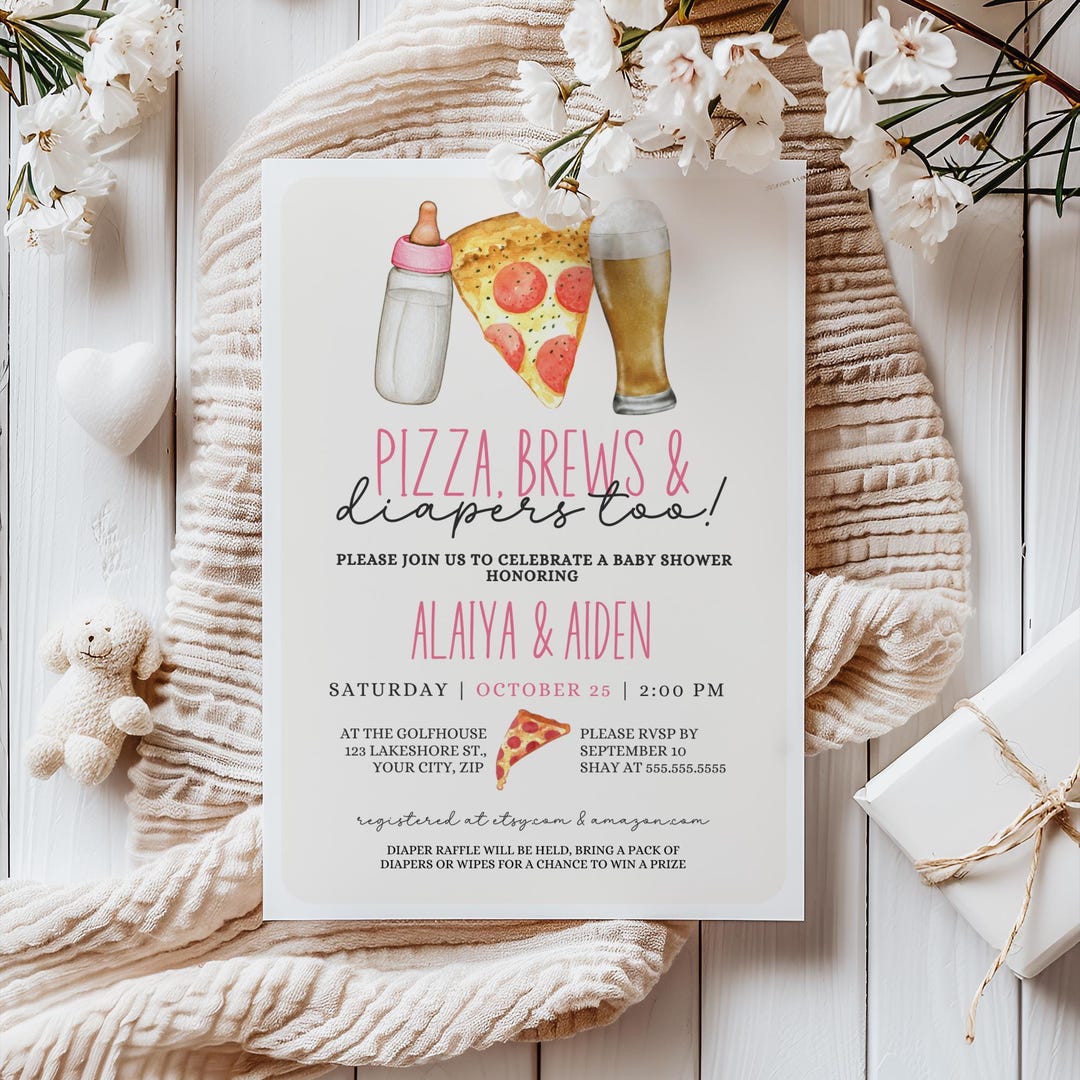 Pizza Baby Shower Invitation Template, Brews and Diapers (editable) - Etsy