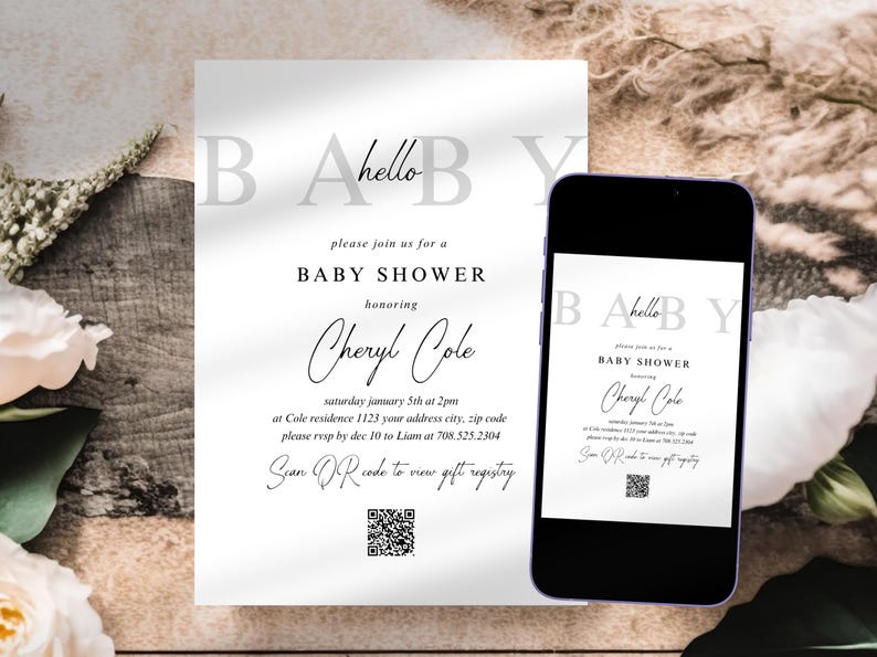 Minimalist Baby Shower Invitation Template With QR Code - Etsy