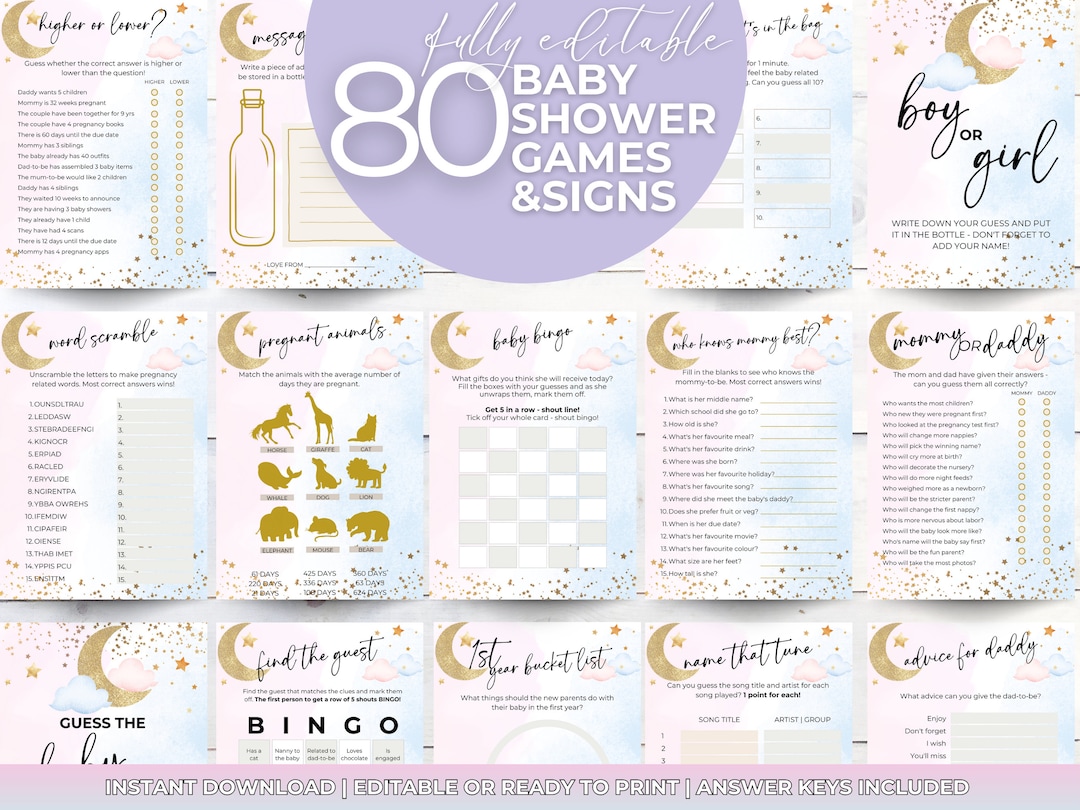 Editable Moon and Stars Baby Shower Games, Twinkle Twinkle Little Star ...
