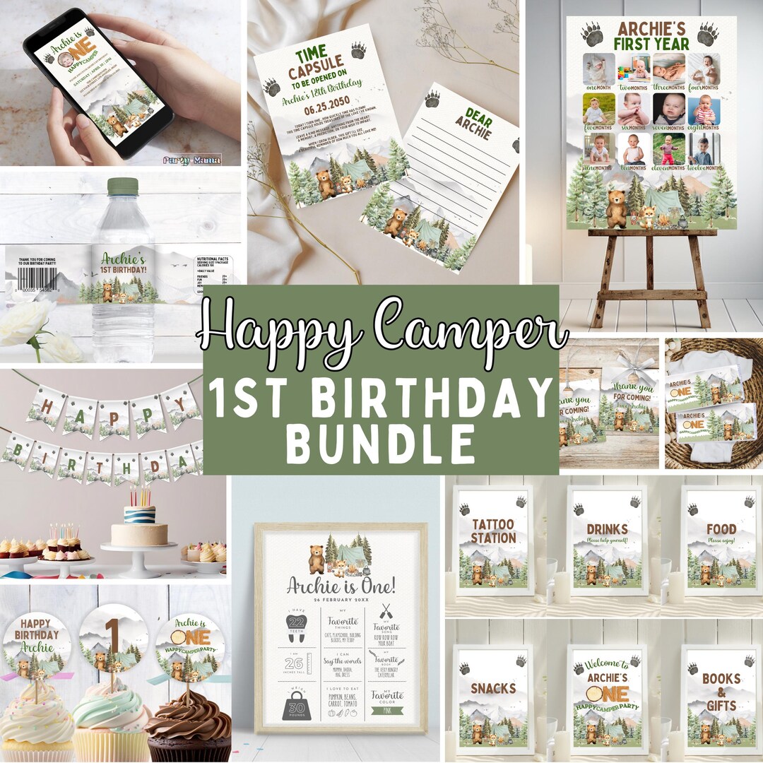 Camp 1st Birthday Bundle, Editable One Happy Camper Birthday Templates ...