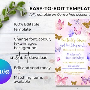 Electronic Butterfly 1st Birthday Invitation Template, Editable Girl ...