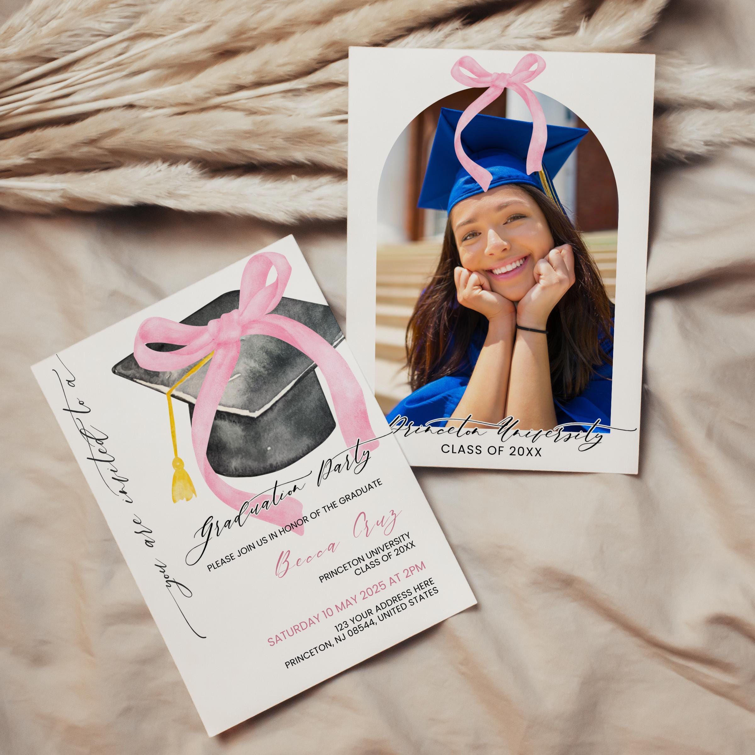 Pink Bow Graduation Cap Invitation Template, Editable Class of Year ...