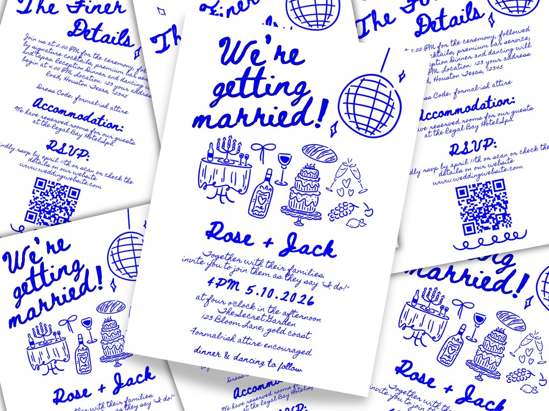 Editable Blue Handwritten Retro Illustrated Details Card With QR Code ...