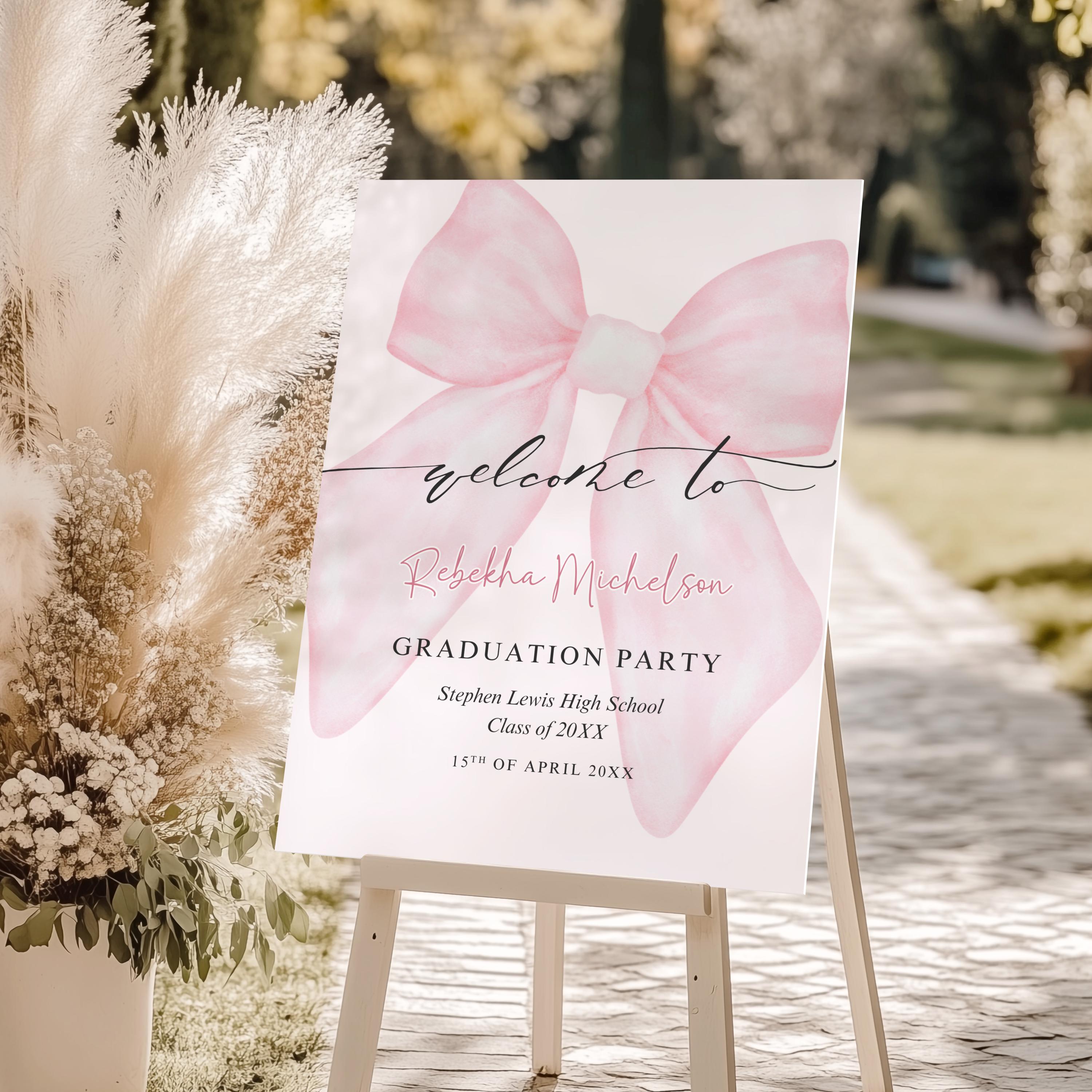 Pink Bow Graduation Welcome Sign, Coquette Party Poster (editable Canva ...