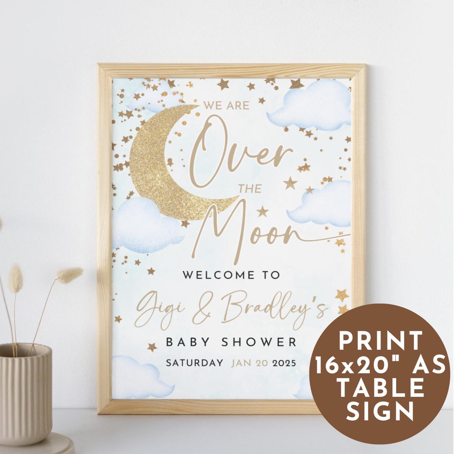 Blue Over the Moon Welcome Sign Template, Editable Blue Clouds Baby ...