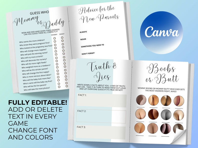 Blue Baby Shower Games Booklet Template, 24 Pages (canva Editable) - Etsy