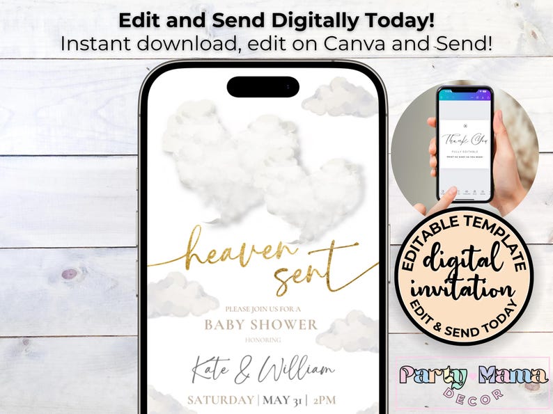 Gold Heaven Sent E-invitation for Baby Shower, Editable Heart Clouds ...