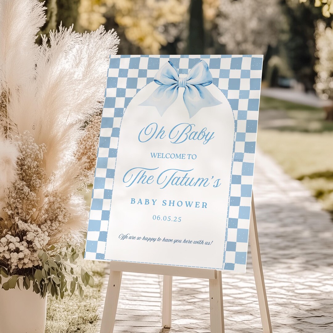 Editable Blue Gingham Welcome Sign, Blue Bow Baby Shower Poster ...