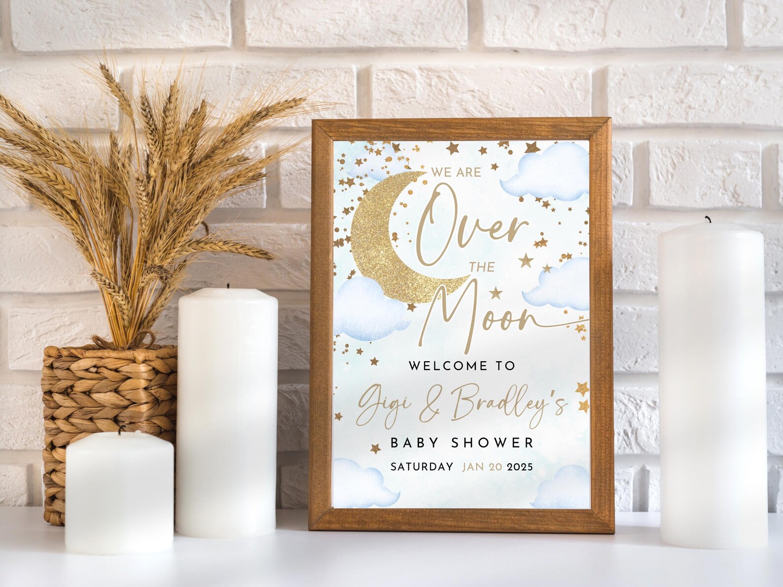 Blue Over the Moon Welcome Sign Template, Editable Blue Clouds Baby ...
