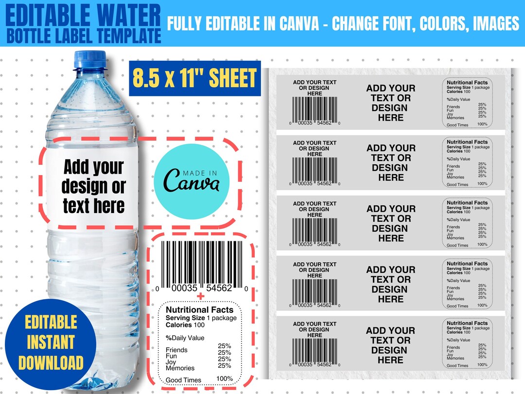 Water Bottle Labels Template, Editable Water Bottle Label Blank ...