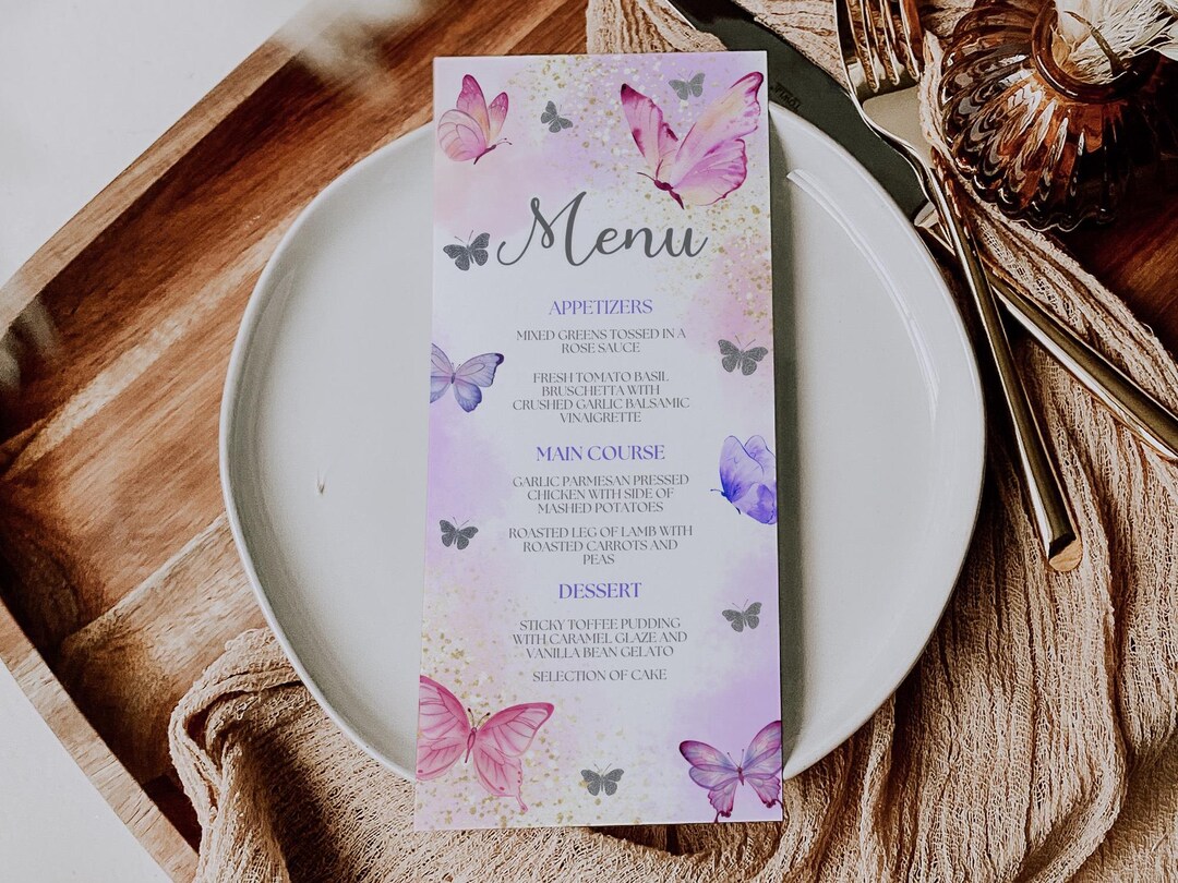 Butterfly Theme Menu, Silver Butterflies Dinner Card Template, Editable ...