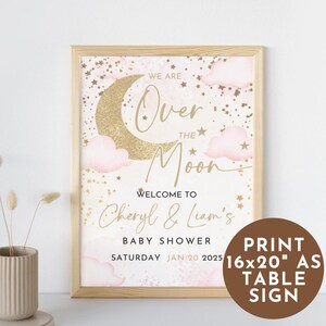 Pink Over the Moon Welcome Sign Template, Editable Pink Clouds Baby ...