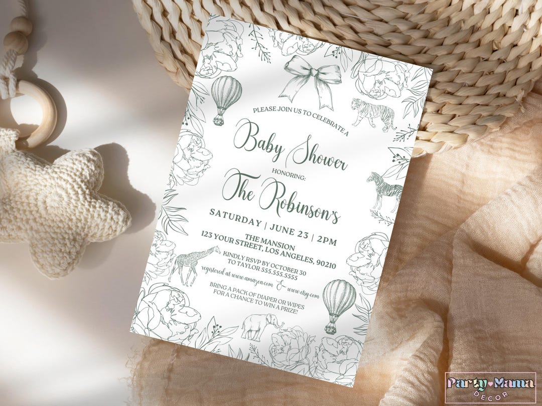 Sage Green Hot Air Balloon Toile Invitation Template, Editable Green ...