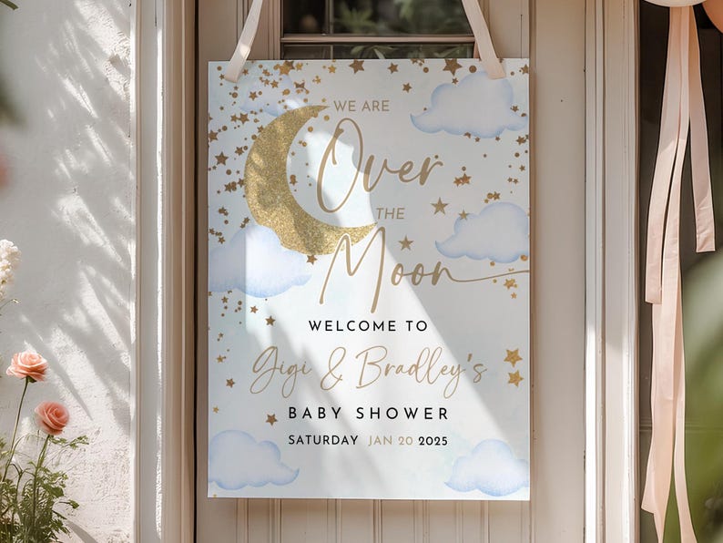 Blue Over the Moon Welcome Sign Template, Editable Blue Clouds Baby ...