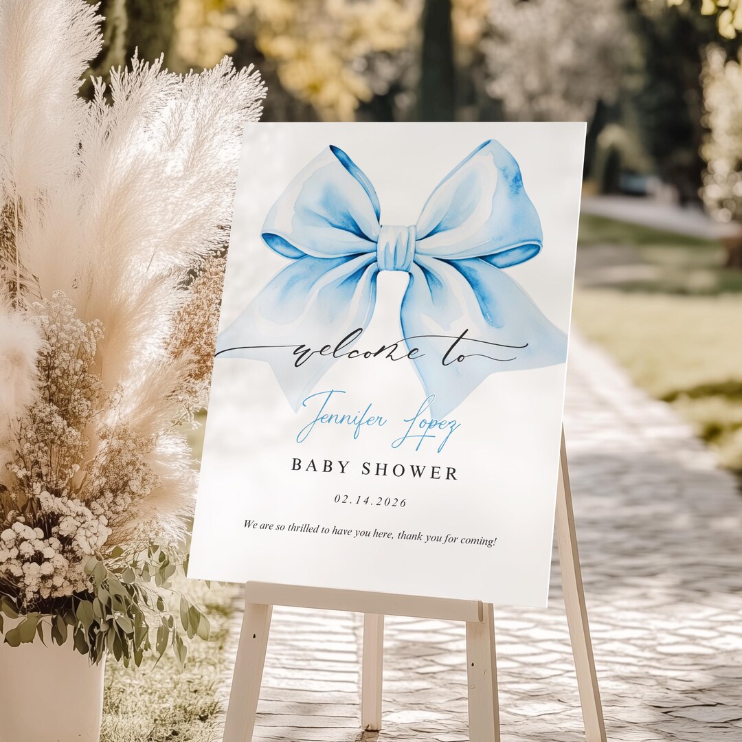 Editable Blue Ribbon Welcome Sign, Blue Bow Baby Shower Poster Template ...