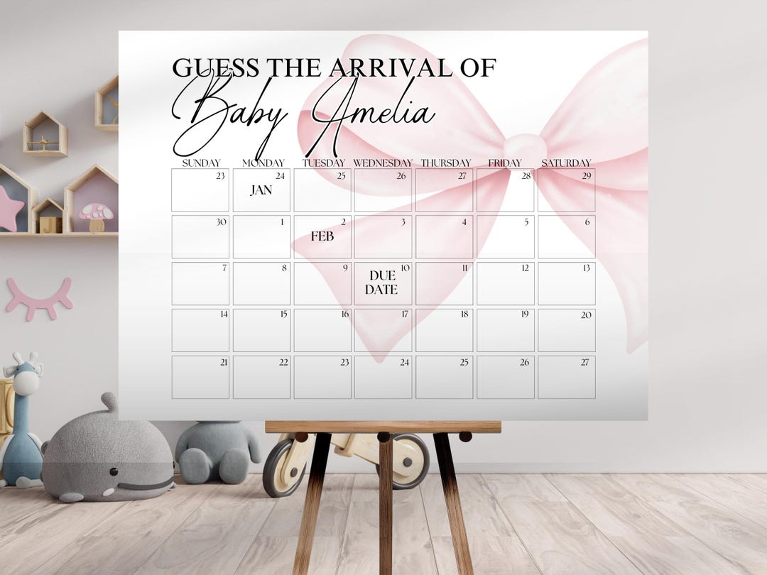 Pink Bow Baby Due Date Calender Template, Editable Baby Prediction Game ...