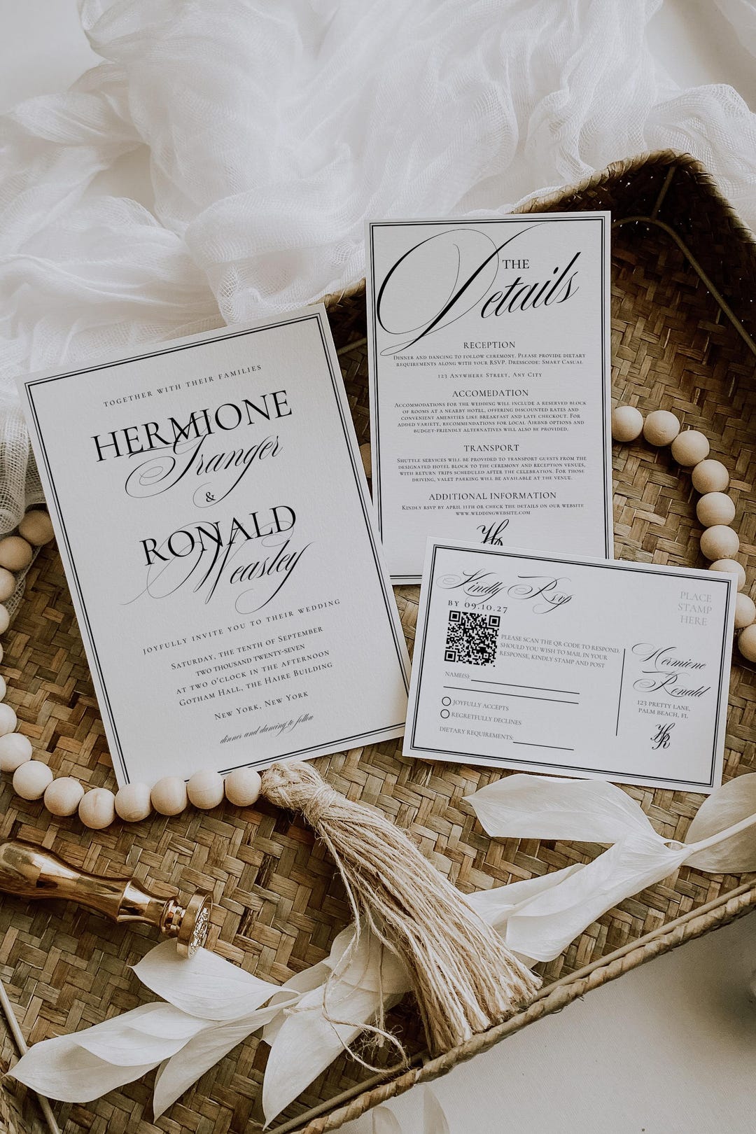 Modern Classic Wedding Invitation Set, Editable Timeless Black & White ...